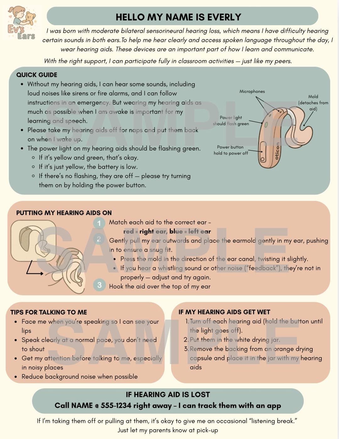 DIGITAL DOWNLOAD - Hearing Aid Tip Sheet for School or Daycare (fully ...