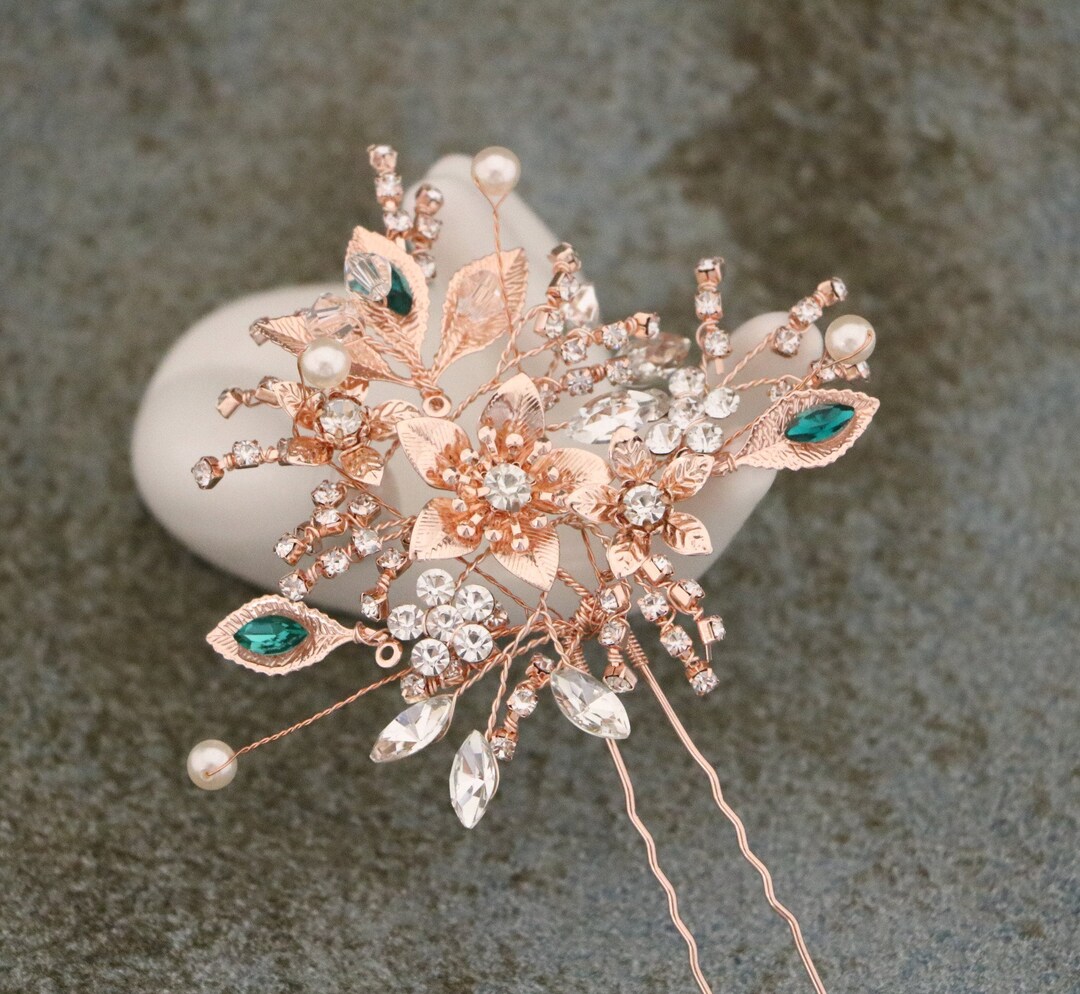 Rose Gold Hair Pins Green Crystal Hair Pins Wedding Hair Pins Gold ...