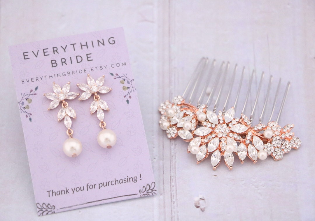 Crystal Hair Piece With Pearl Drop Wedding Earrings Rose Gold Bridal ...