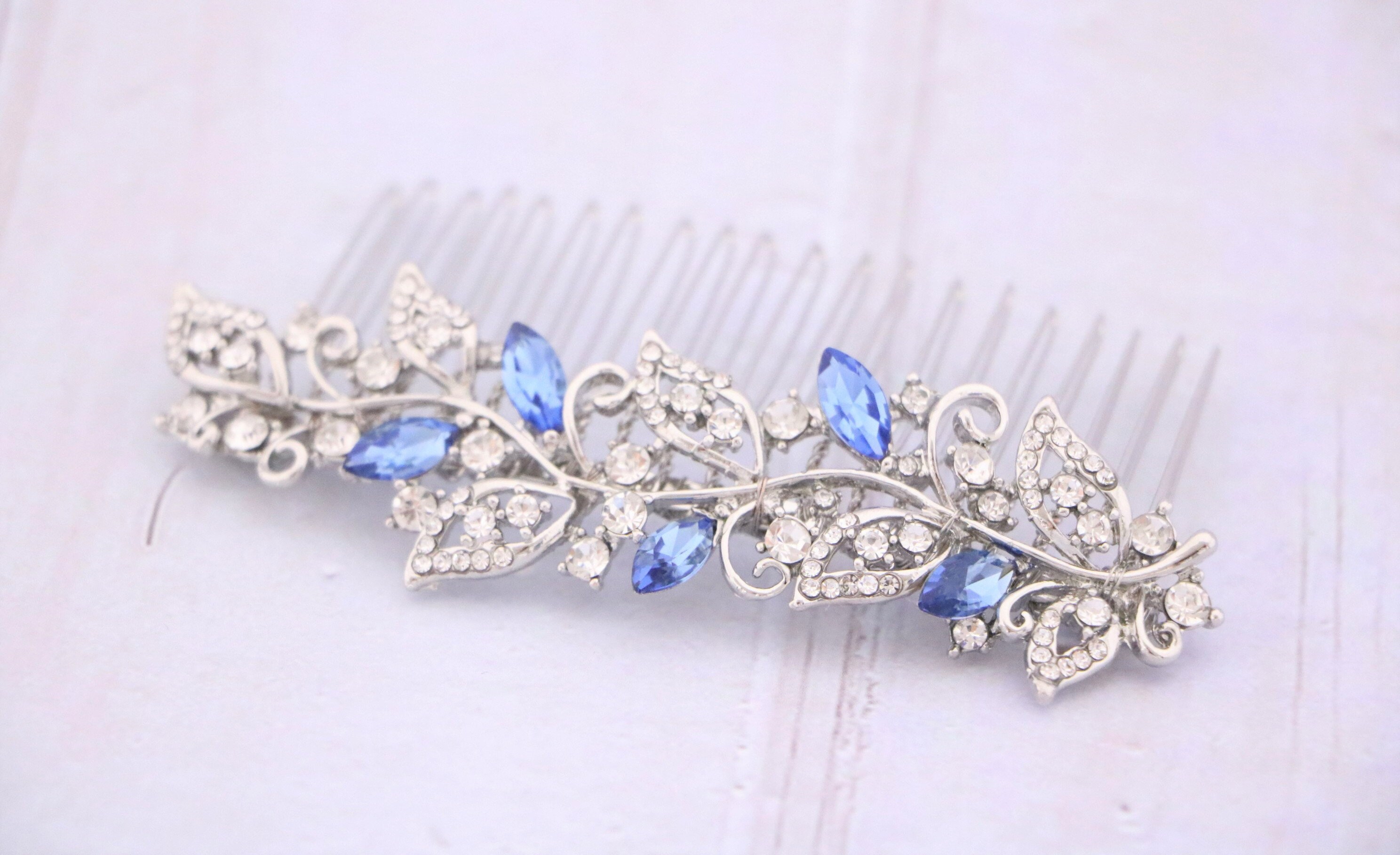 Wedding hair comb Gold Veil comb Navy blue hair comb Blue hair | Etsy