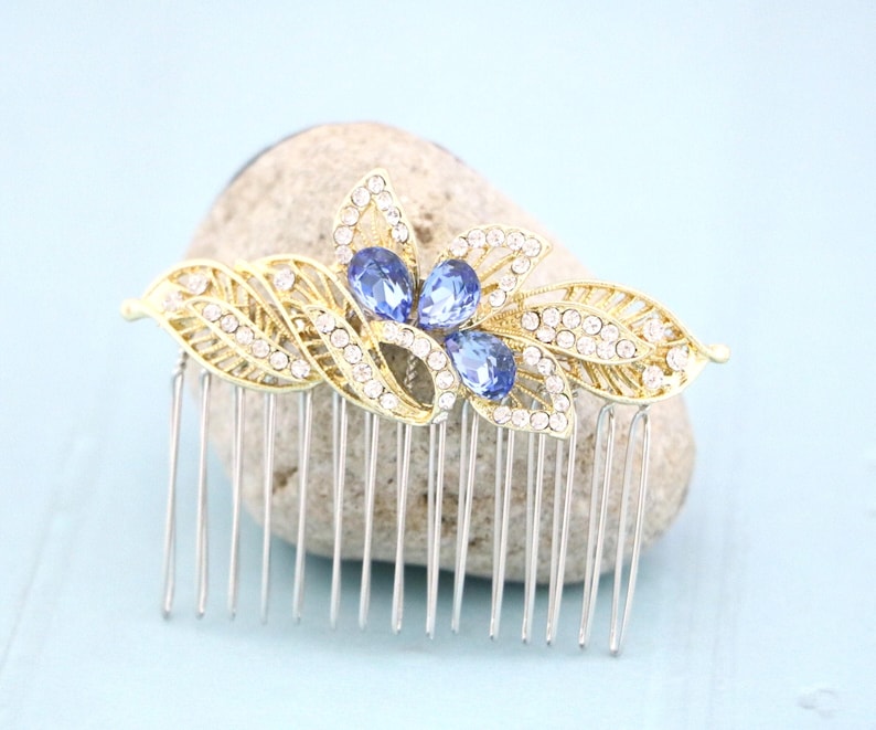 Sapphire Crystal Bridal Hair Comb Rhinestone Wedding Hair Piece Gold ...