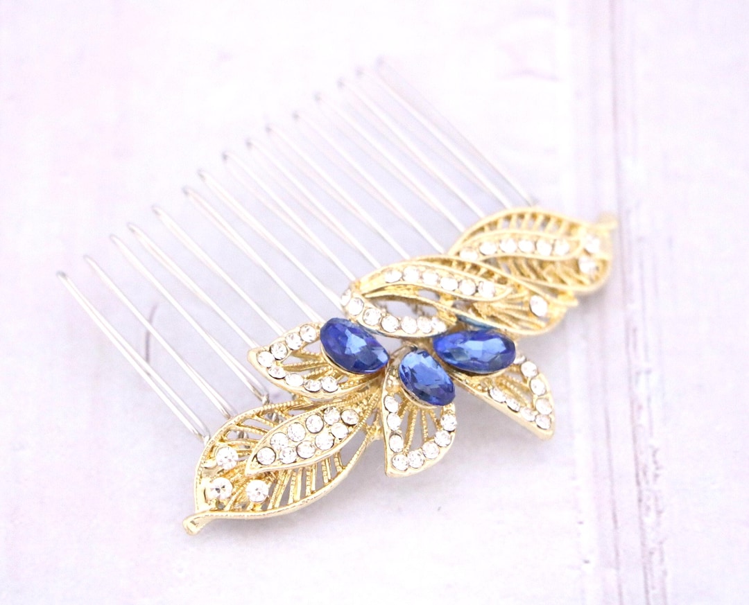 Sapphire Crystal Bridal Hair Comb Rhinestone Wedding Hair Piece Gold ...