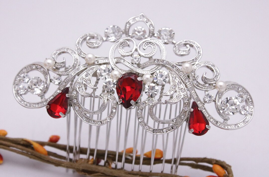 Bridal Hair Comb Silver Red Hair Comb Ruby Red Crystal Hair Comb Bridal ...