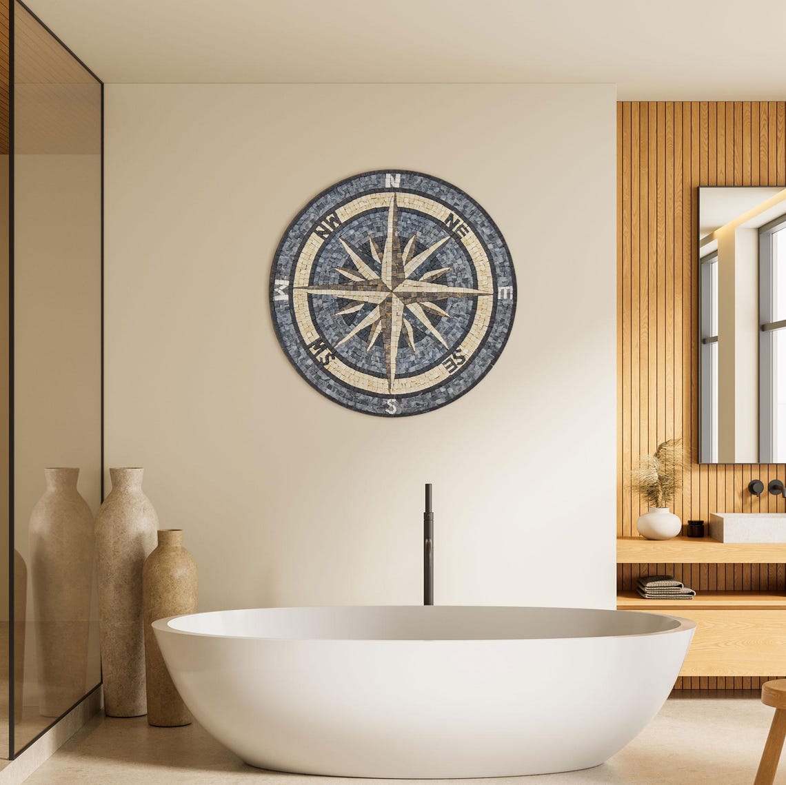 Handmade Marble Mosaic Compass Art | Custom Natural Stone Compass Rose ...