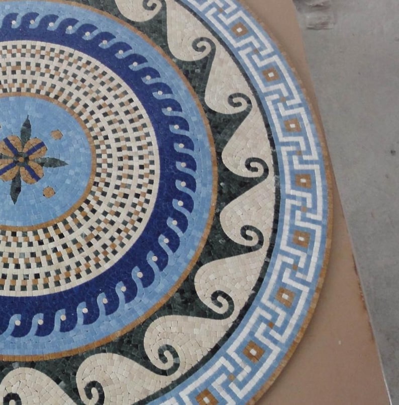 Handmade Marble Mosaic Circular Medallion | Greek Key & Wave Scroll ...