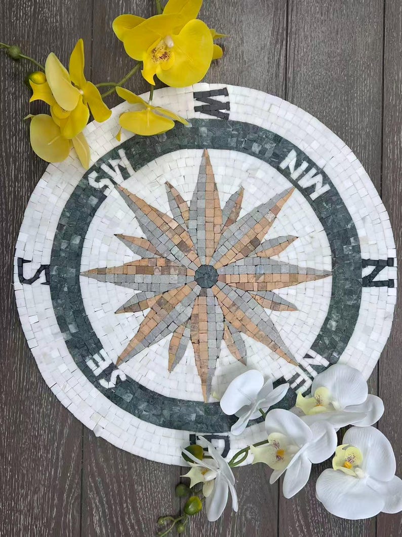 Handmade Circular Compass Rose Mosaic Art | Natural Stone Nautical Wall ...
