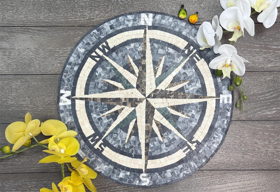 Handmade Modern Compass Rose Mosaic Art | Neutral Tone Natural Stone ...
