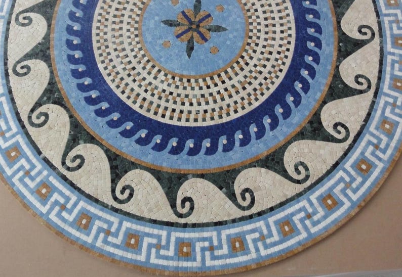Handmade Marble Mosaic Circular Medallion | Greek Key & Wave Scroll ...