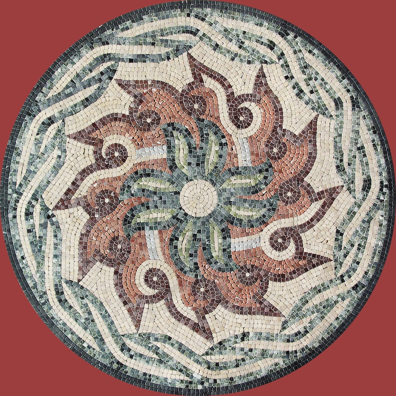 Handcrafted Circular Marble Mosaic Art | Floral Geometric Natural Stone ...