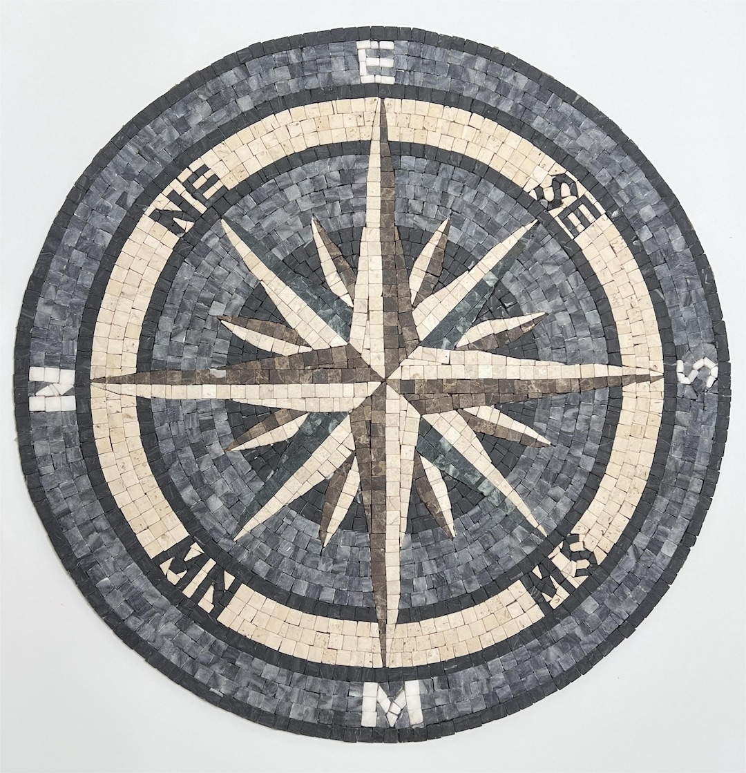 Handmade Marble Mosaic Compass Art | Custom Natural Stone Compass Rose ...