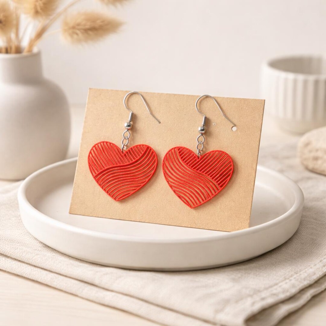 3D Printed Red Heart Drop Earrings, Modern Textured PLA Dangles - Etsy