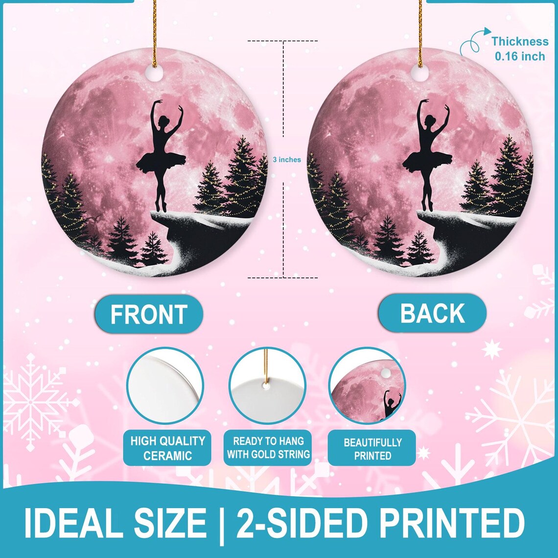 Dancing Christmas Night Ballerina Ornaments Pink– Double-sided Print ...