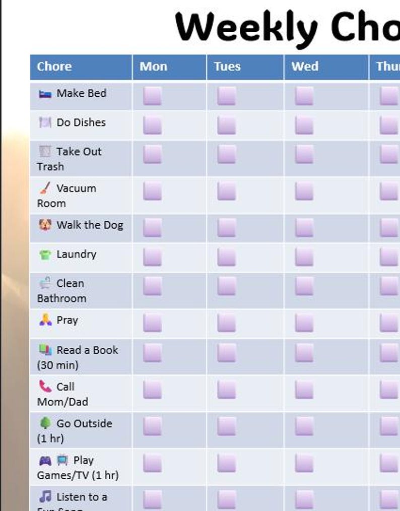 Teen Summer Chore Chart | Printable PDF | Instant Download - Etsy