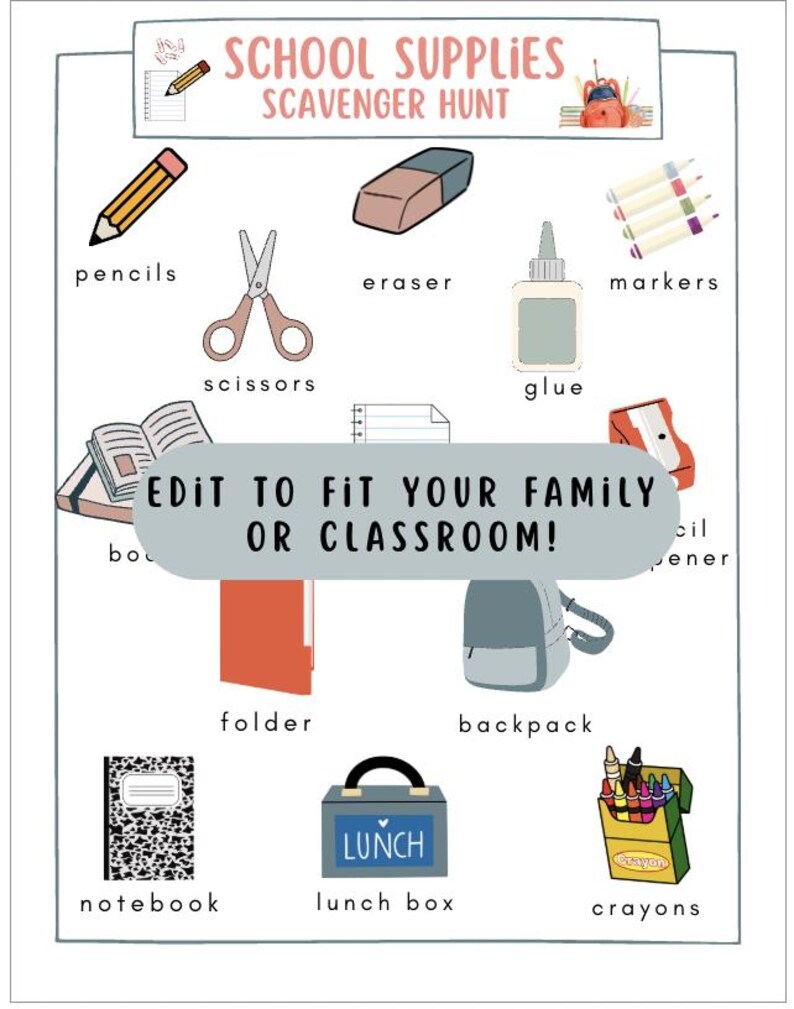 Back to School Scavenger Hunt: Printable School Supplies Game (digital ...