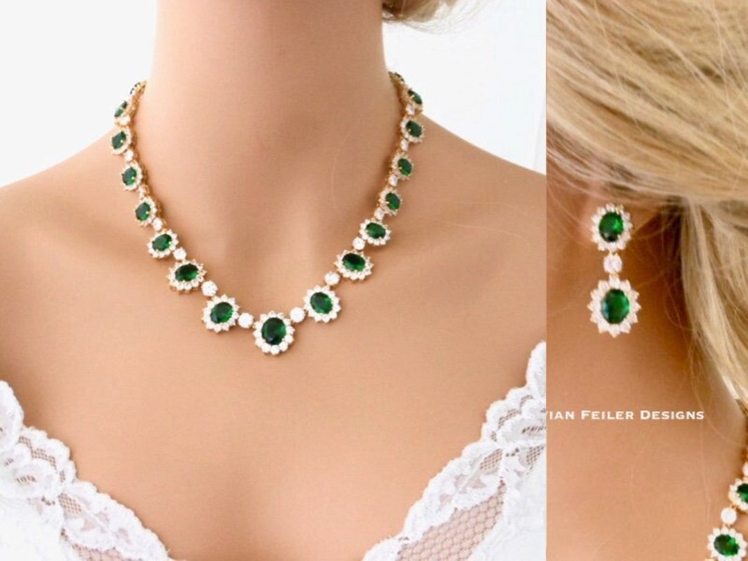 EMERALD Green Jewelry SET GOLD Wedding Bridal Necklace and - Etsy