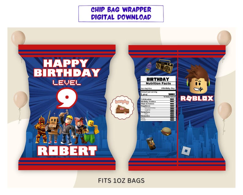 Roblox Birthday Party Favors - Chip Bag, Candy Bar, Water Bottle ...