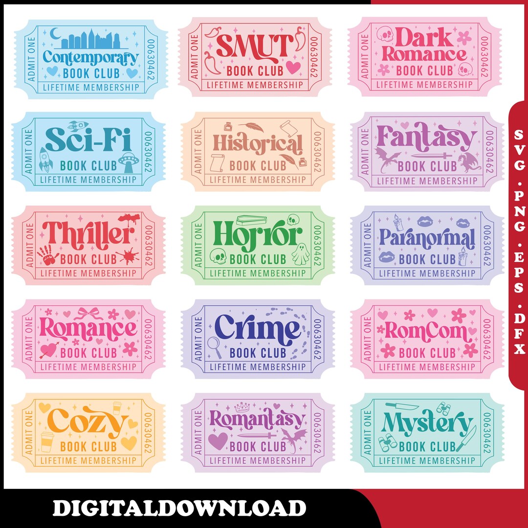 Book Club Ticket SVG Bundle | Reading Genre Book Club Passes | Romance ...