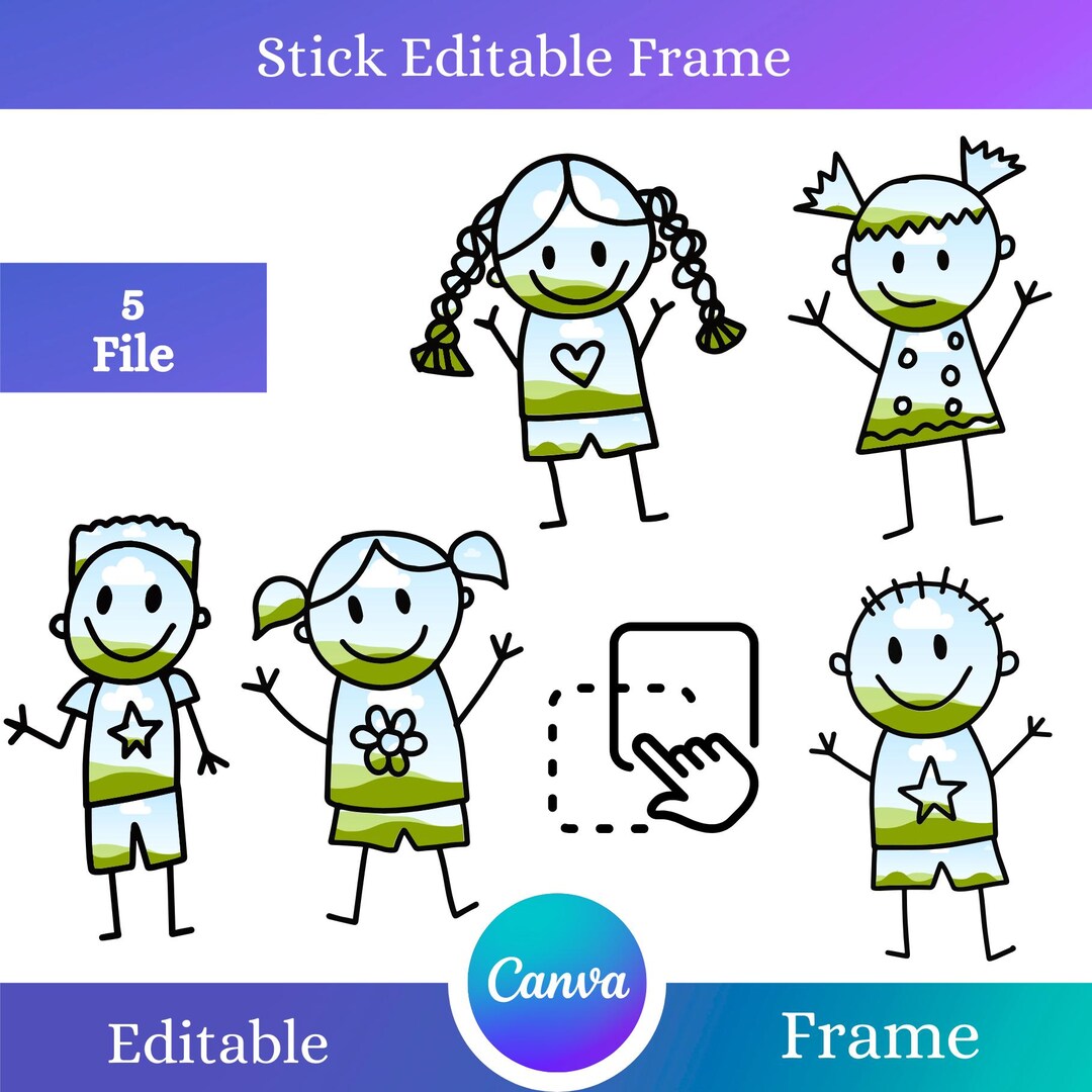 Stick Kids Editable Frame Bundle | Cute Stick Figure SVG Canva Frames ...