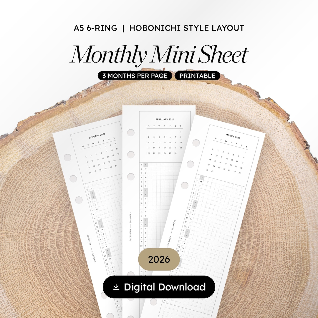 A5 Mini Sheets | 2026 Monthly Inserts | Hobonichi Style Printable ...