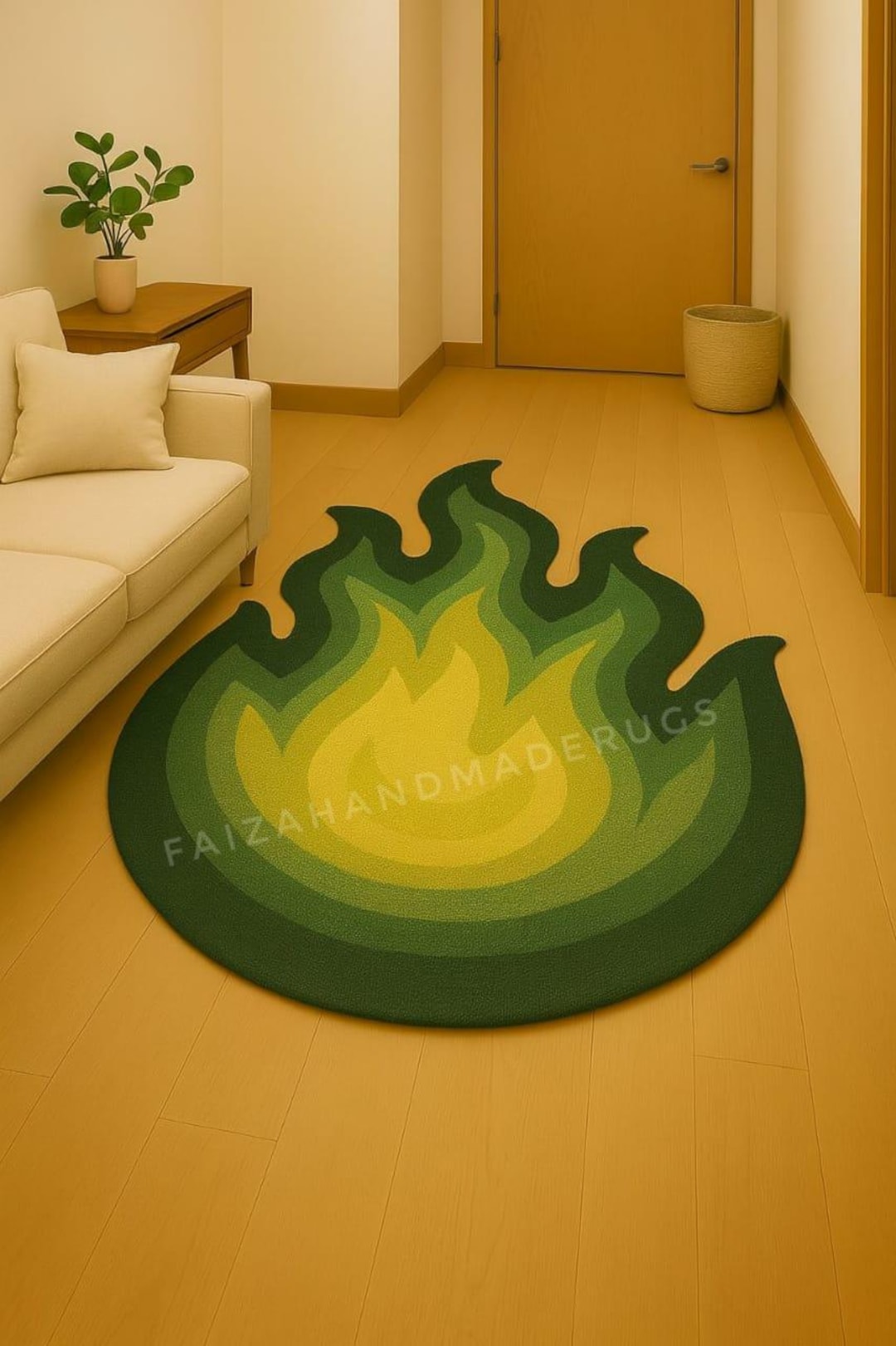Handmade Green Flame Rug | Unique Fire Shape Tufted Carpet | Custom ...