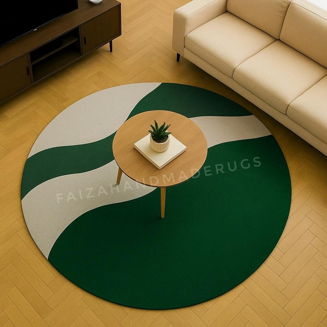 Round Green Abstract Rug, Modern Circle Rug, Minimalist Contemporary ...