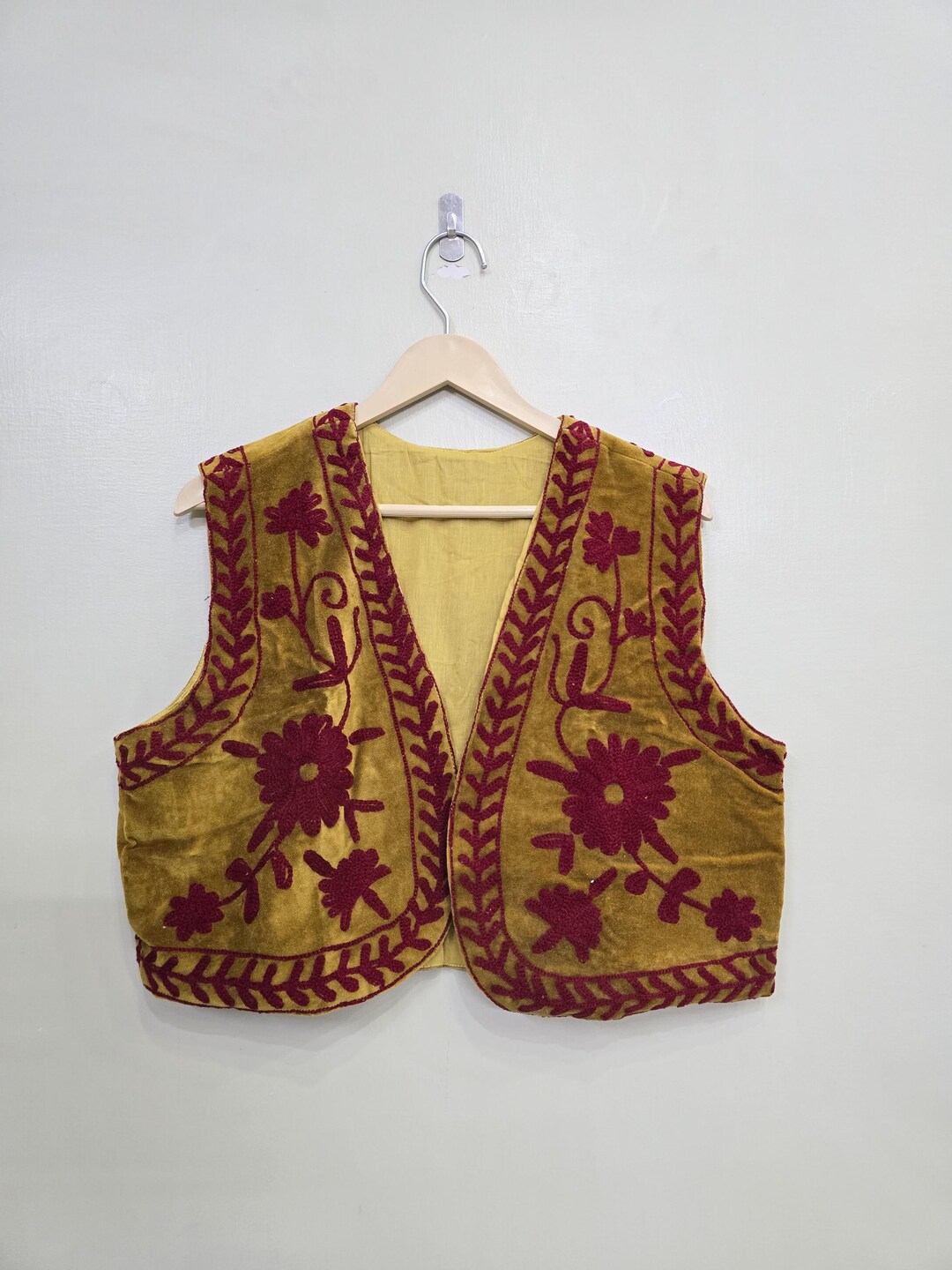 Brown Velvet Vest With Red Embroidery - Etsy