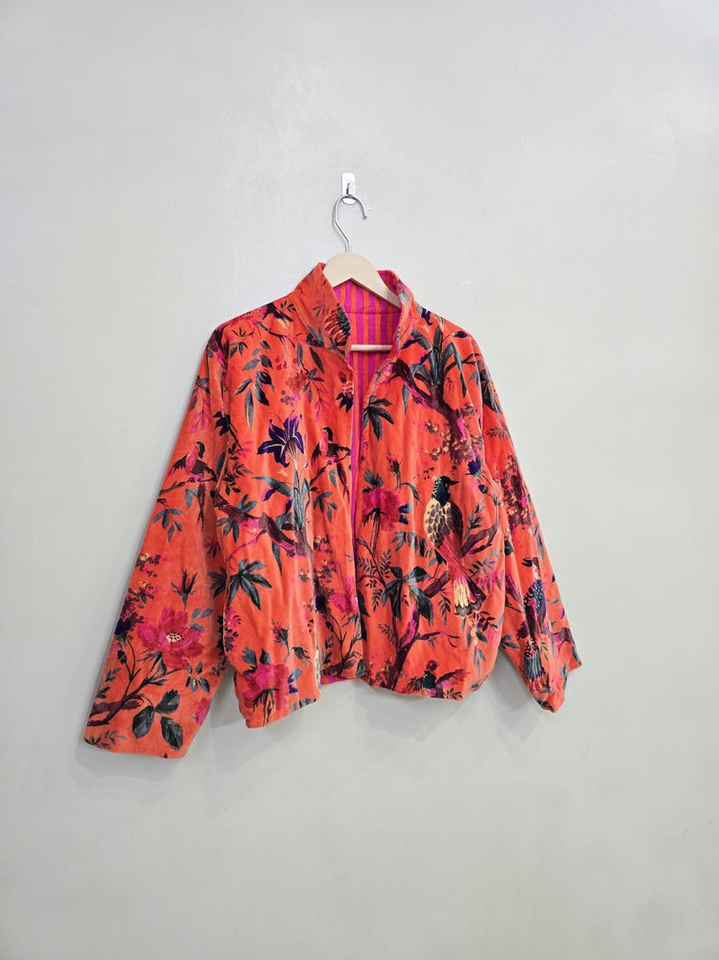 Orange Velvet Bird & Floral Printed Jacket – Boho Statement Wear - Etsy