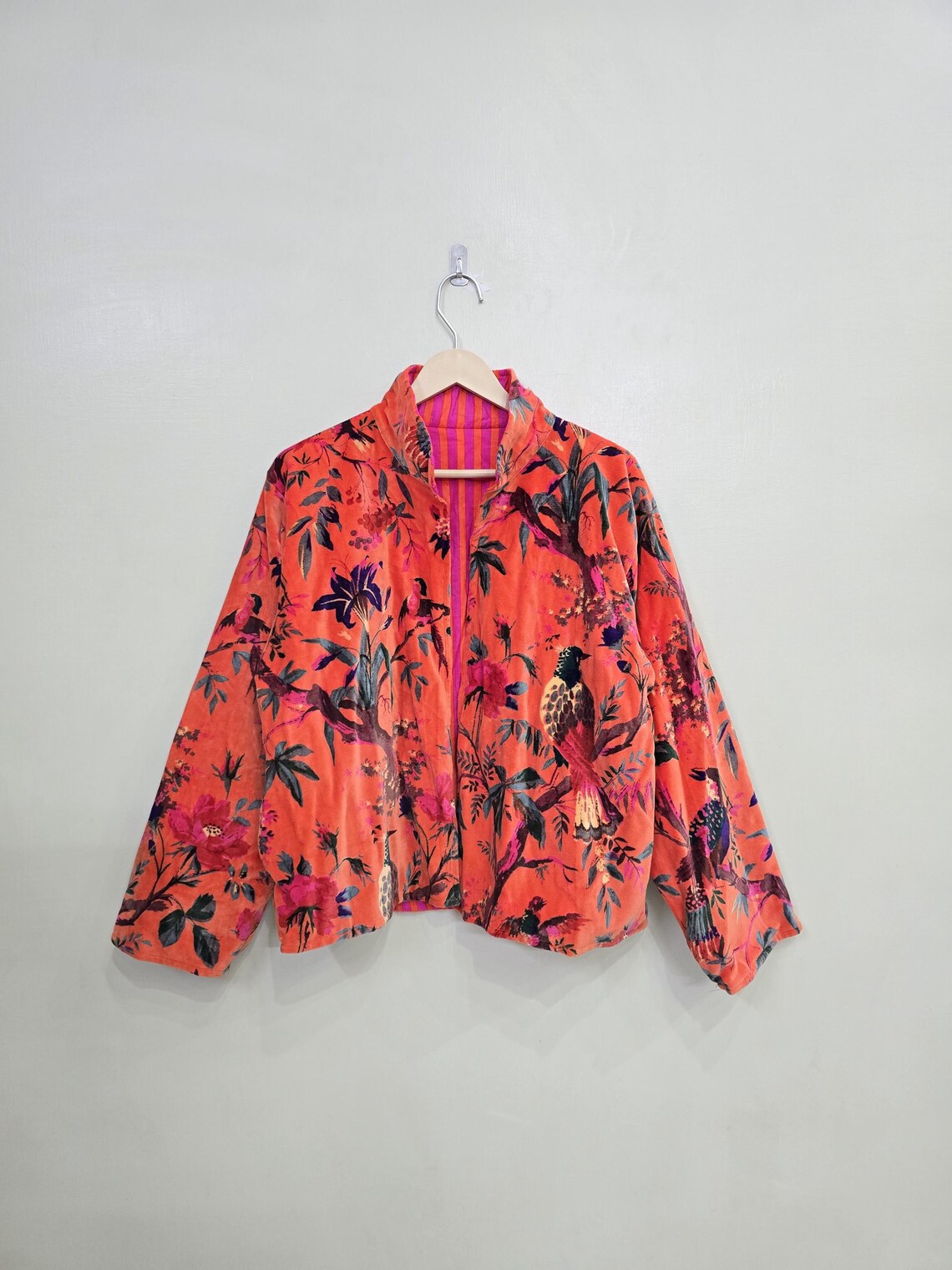 Orange Velvet Bird & Floral Printed Jacket – Boho Statement Wear - Etsy