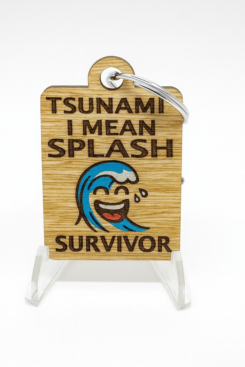 Funny Hawaii Keychain: Tsunami Splash Survivor 2025 - Wooden Travel ...