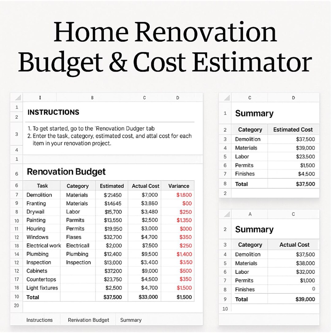 Home Renovation Budget Spreadsheet | Excel Cost Estimator Tool | Track ...