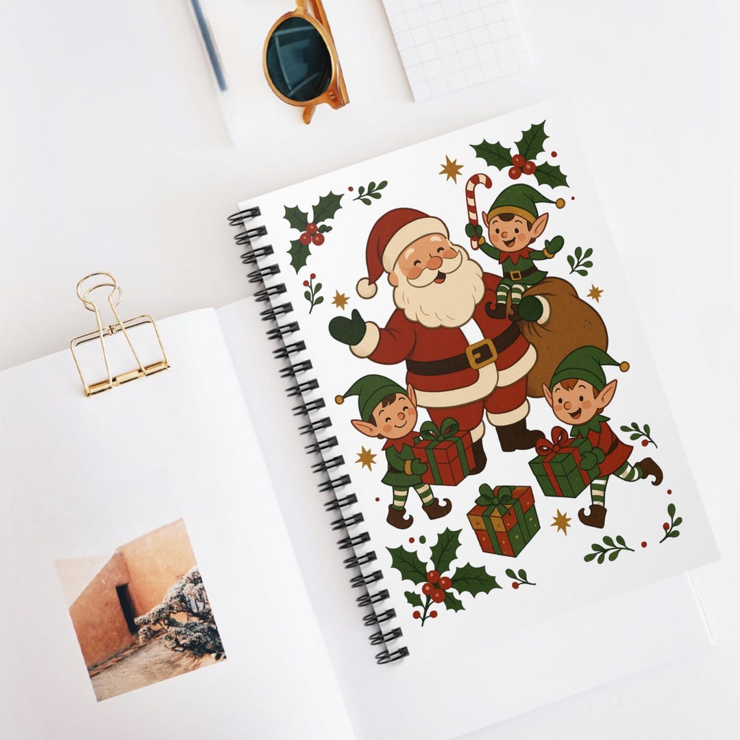 Christmas Spiral Notebook - Festive Santa & Elves, Holiday Gift, Cute ...