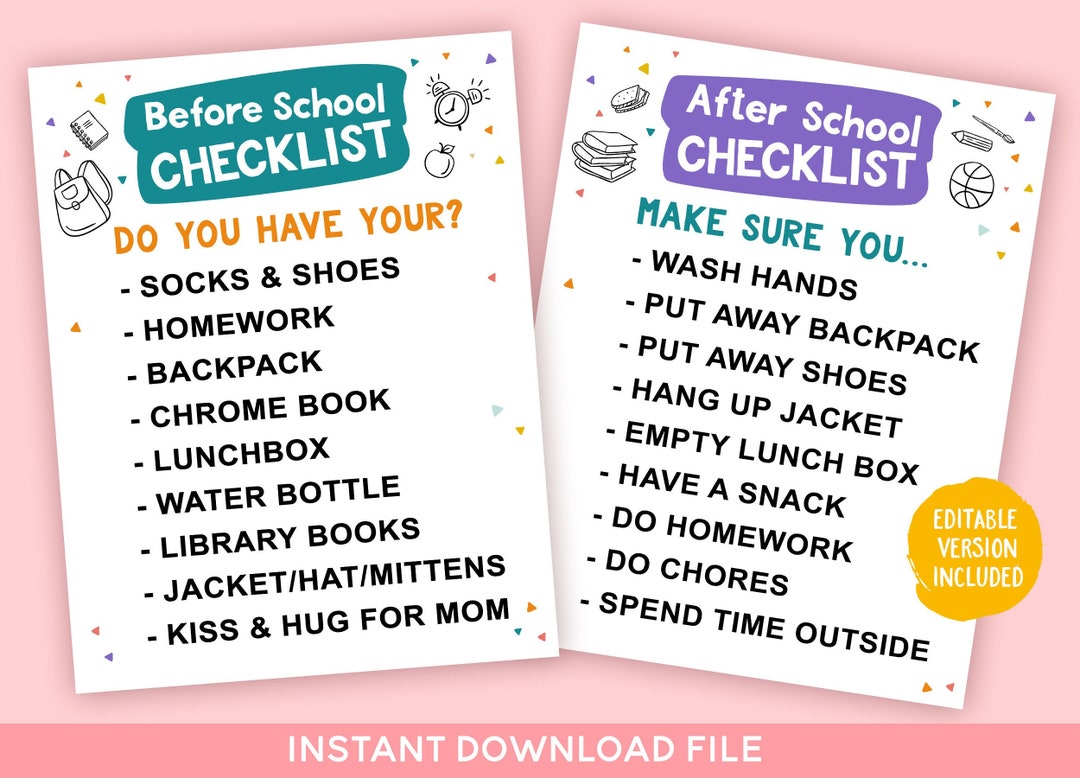 School Checklist, Before and After School Routine Reminder for Kids ...