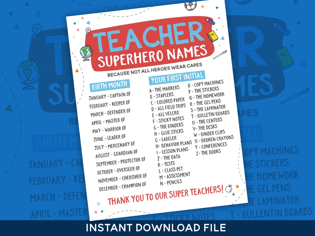 Teacher Appreciation Printable Sign | Super Hero Name Sign | Teacher ...