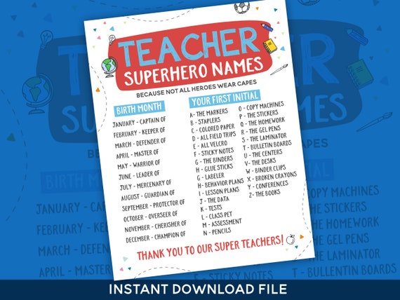 Teacher Appreciation Printable Sign Super Hero Name Sign | Etsy