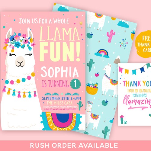 Editable Whole Llama Fun Birthday Invitation Llama Cactus | Etsy