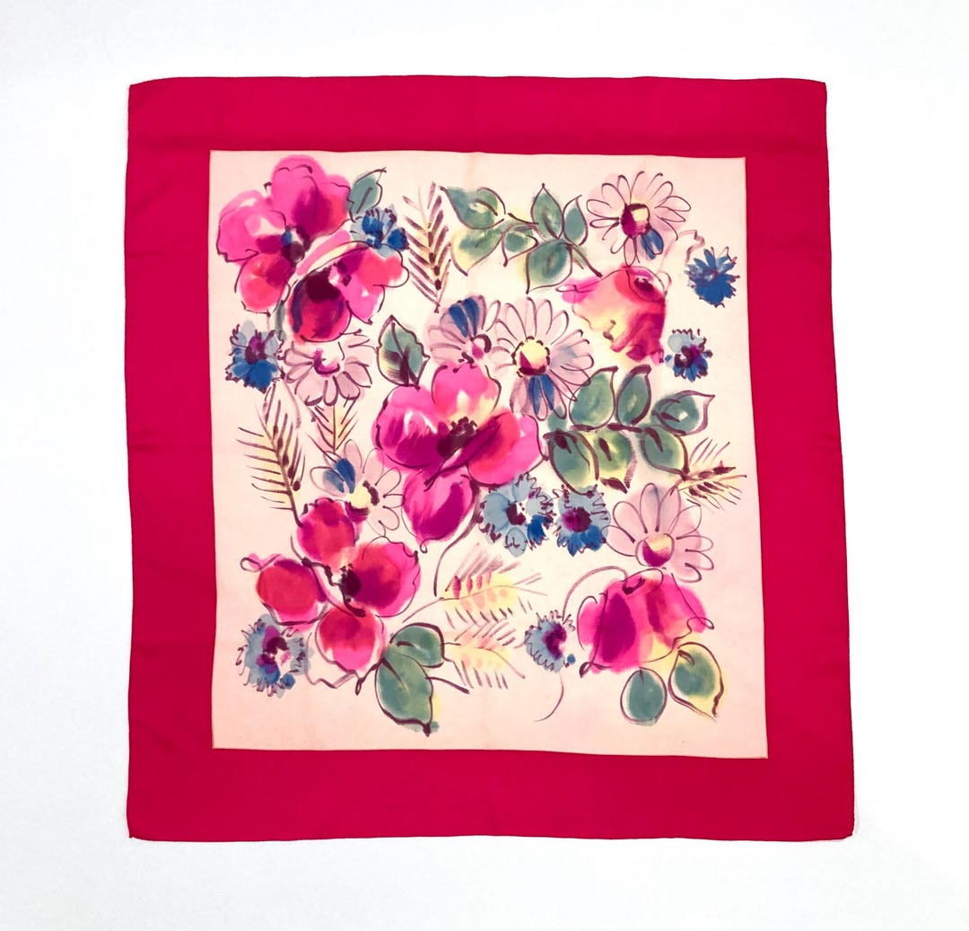 Pink Floral Scarf - Vintage 1950's to 1960's MCM Head Scarf, Neck Scarf ...