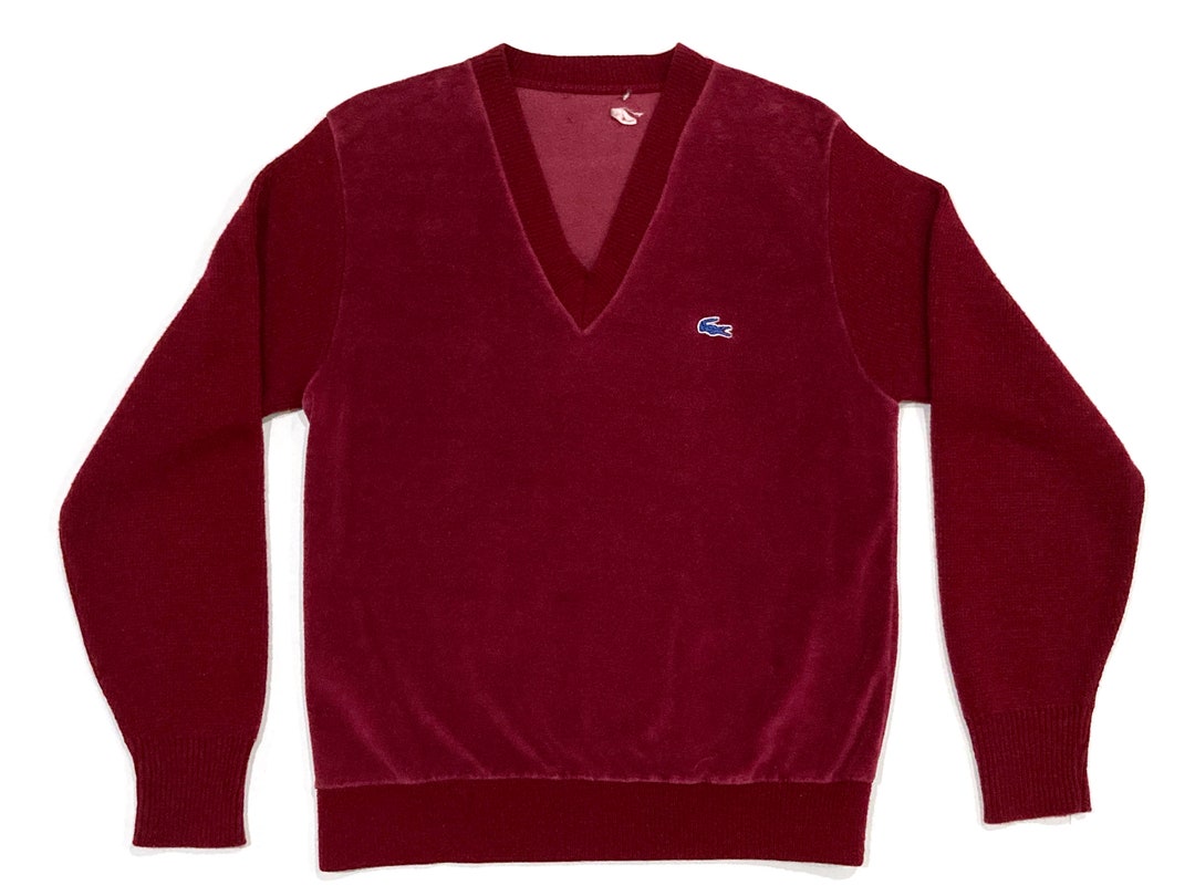 Izod Lacoste V Neck Sweater - Vintage 1970's - Dark Red Velour, Blue Alligator Crocodile Logo ...