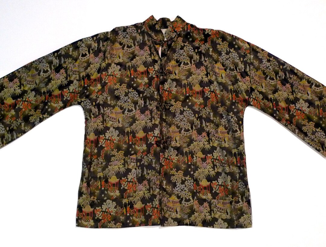 Chinese Brocade Jacket 1950s Vintage Black Tapestry Mandarin Shirt ...