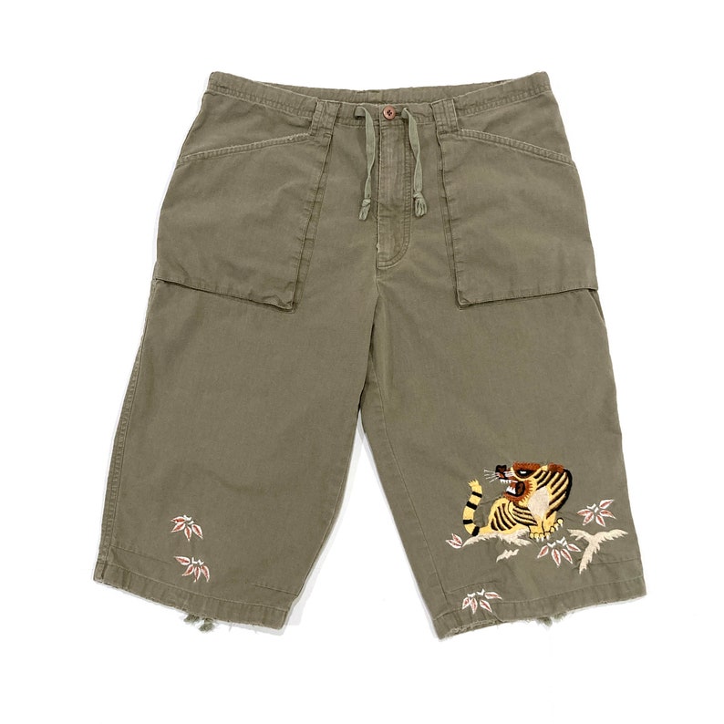 Embroidered Tiger Cargo Shorts by Blue Tibet Hand Crafted - Vintage 90 ...