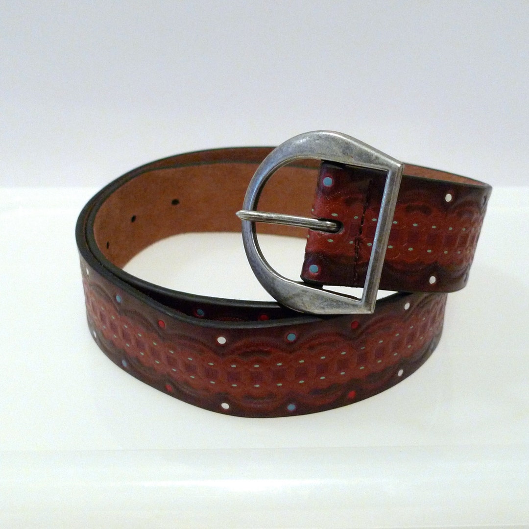 Tooled Leather Hippie Belt - Filigree and Dots Pattern 1980s 90s ...