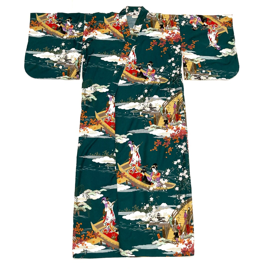 Japanese Kimono Robe 1990's - Mt Fuji, Cherry Blossoms, Geisha in Boat ...