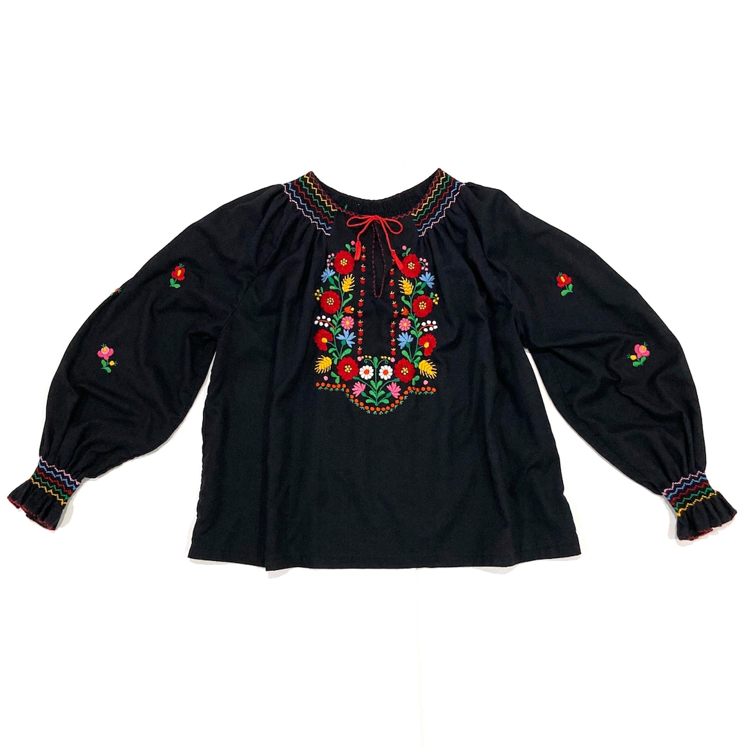 Embroidered Black Smock Top With Shirred Neckline - Vintage 1970s ...