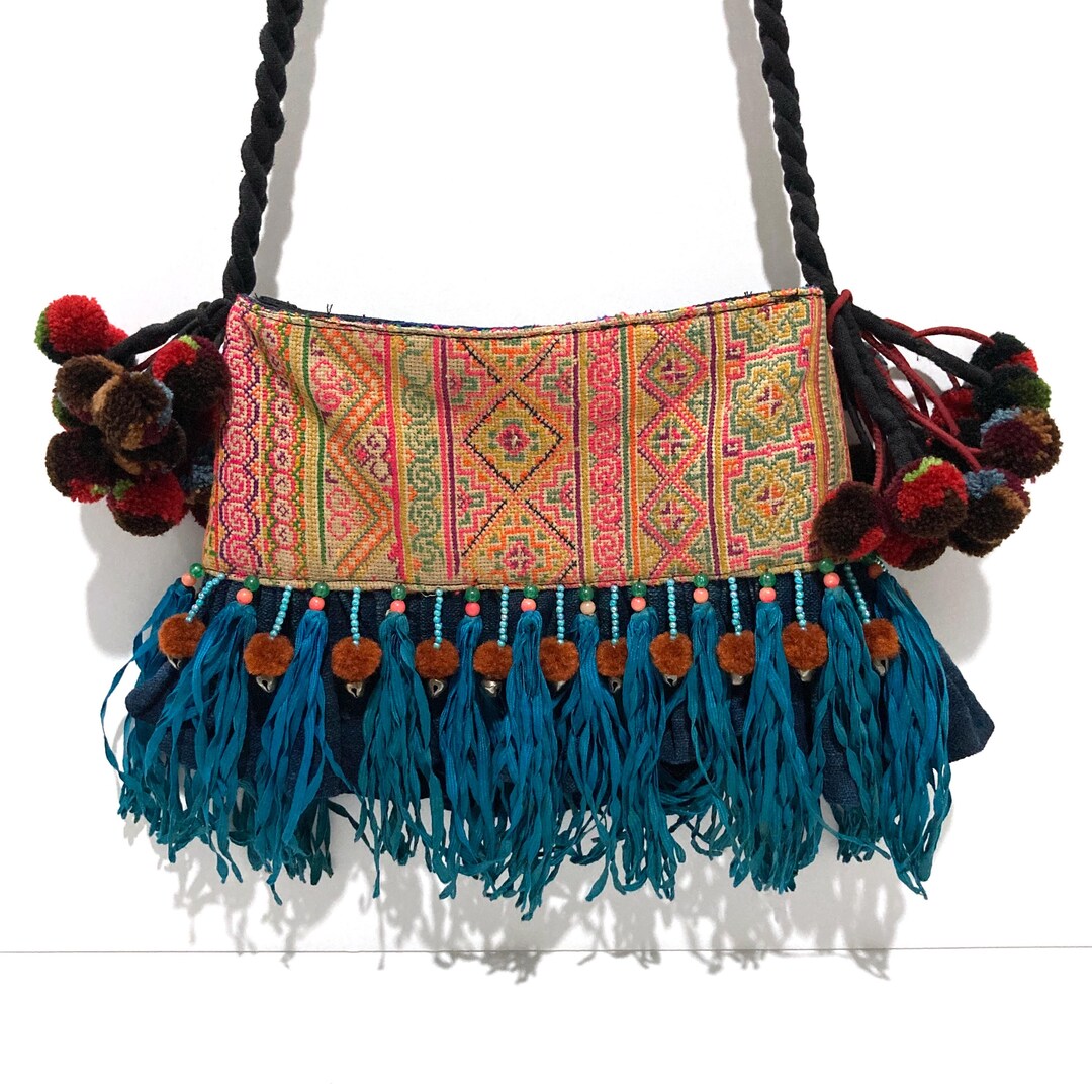 Hmong Purse With Bells and Embroidery - Vintage 2000's Cotton Woven ...