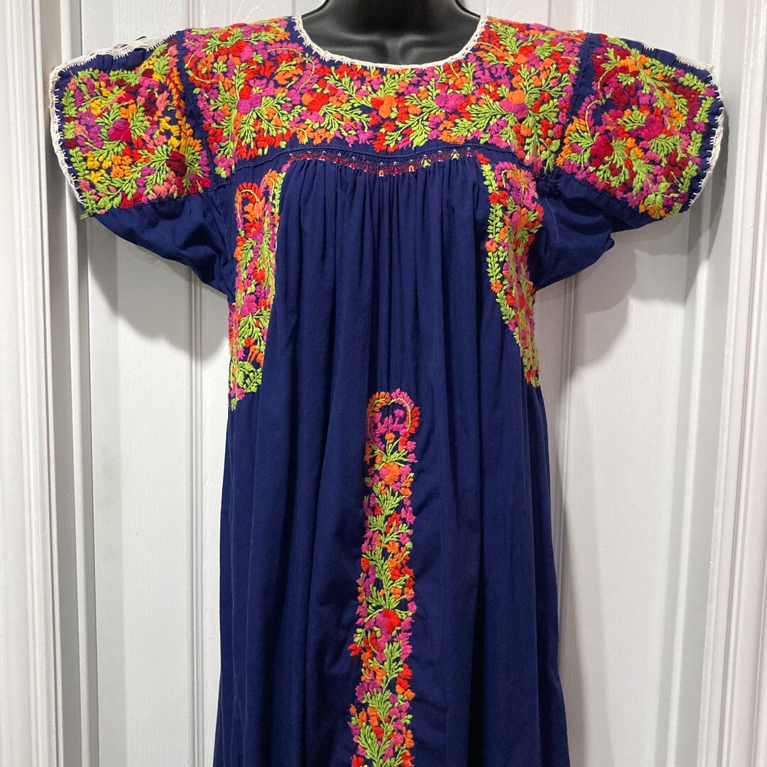 Oaxacan Embroidered Dress With Flowers and Crochet 90's / Blue Traditional Oaxaca Mexico Mexican ...