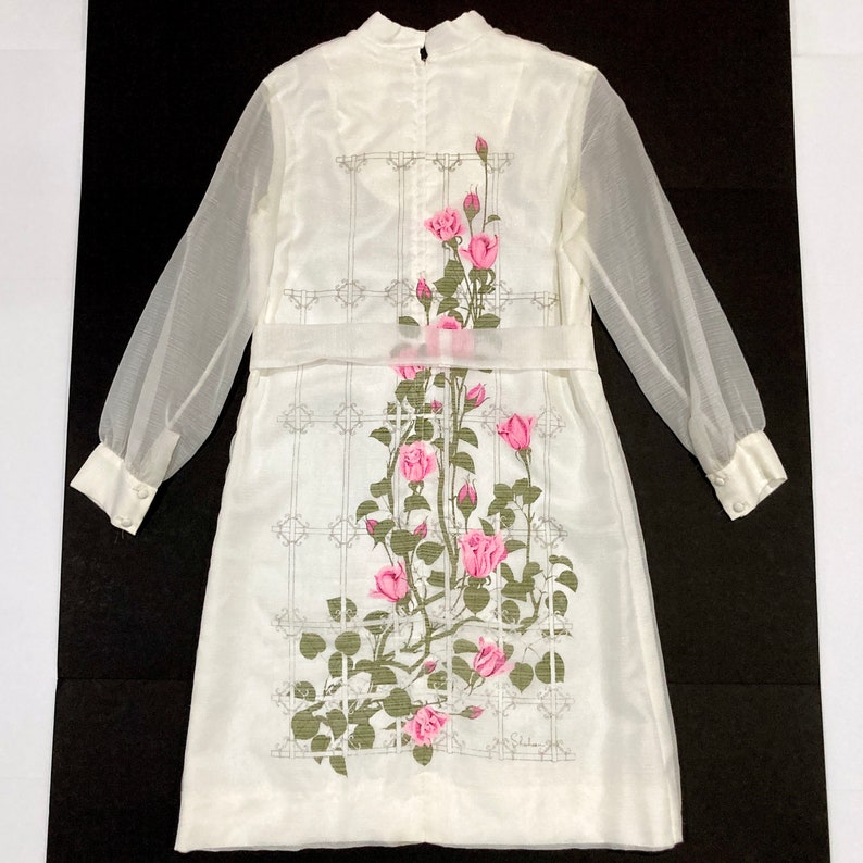 Alfred Shaheen Dress and Belt - White With Pink Roses Vintage 1970s ...