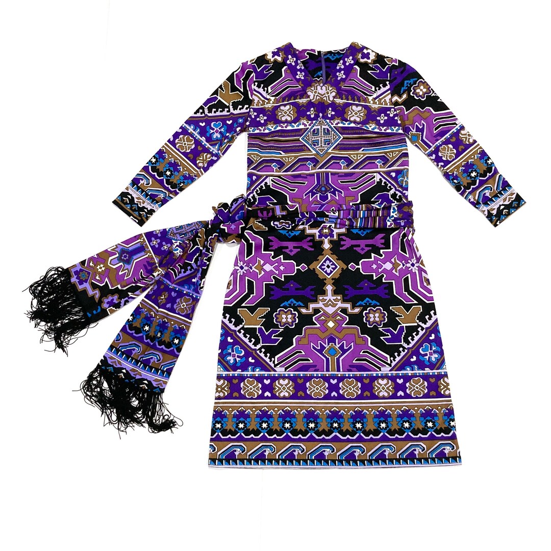 Mod Knit Dress With Sash 1970s Vintage Southwestern Op Art Pullover ...