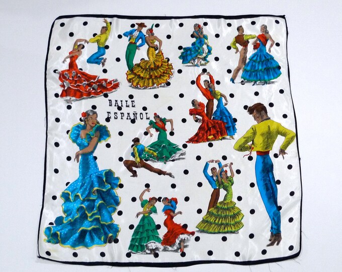 Flamenco Dancer Souvenir Scarf 1950s Vintage Black and White Polka Dot ...