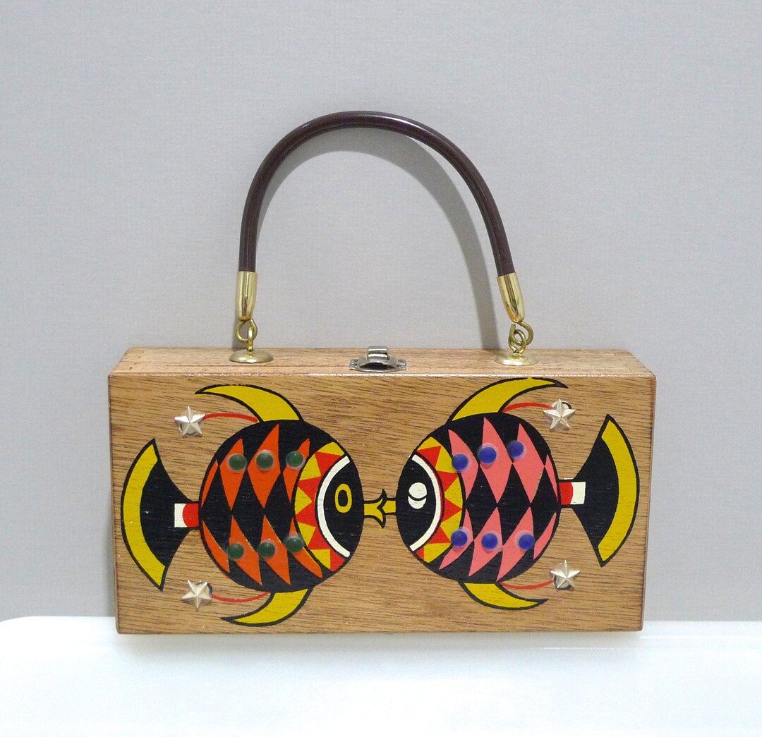 Gary Gail Box Bag Kissing Fish 60s 70s Vintage Wooden Box Purse Made in ...