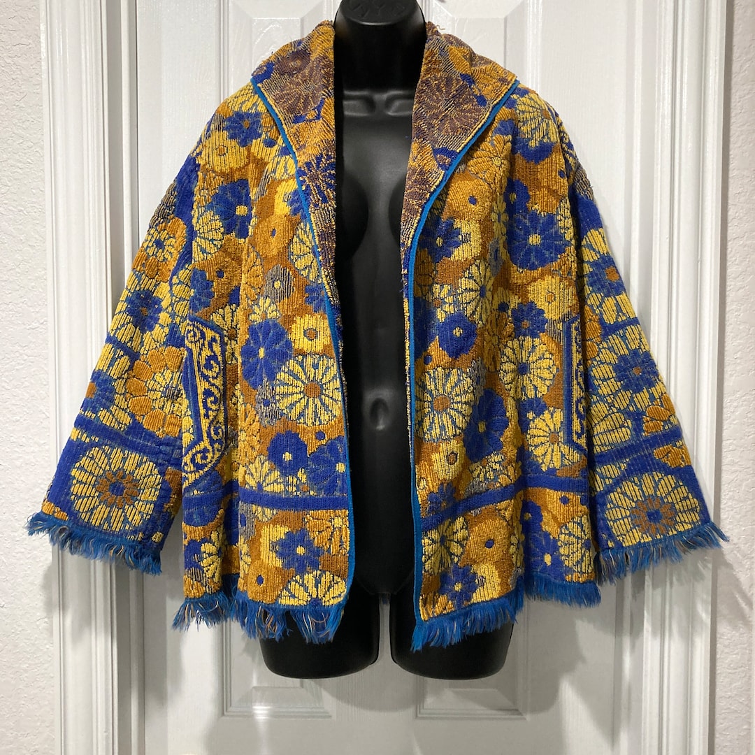 Terry Cloth Towel Swimsuit Jacket Cover up - Blue and Gold Flowers ...