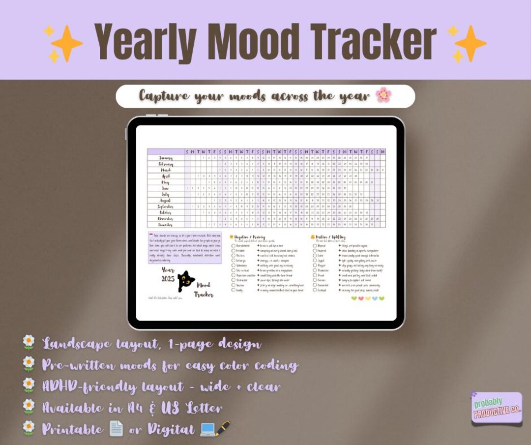 Yearly Mood Tracker Printable | ADHD Landscape Log for Big Picture ...